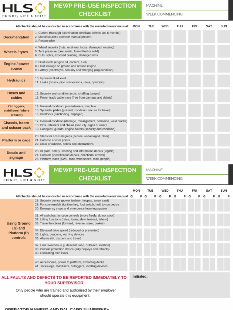 NR 18 - Mewp Pre-Use Inspection Checklist New | PDF