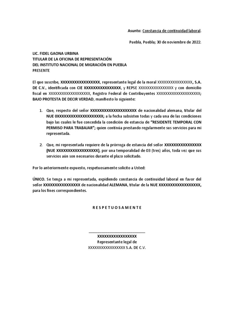 Carta Contiunidad Laboral | PDF