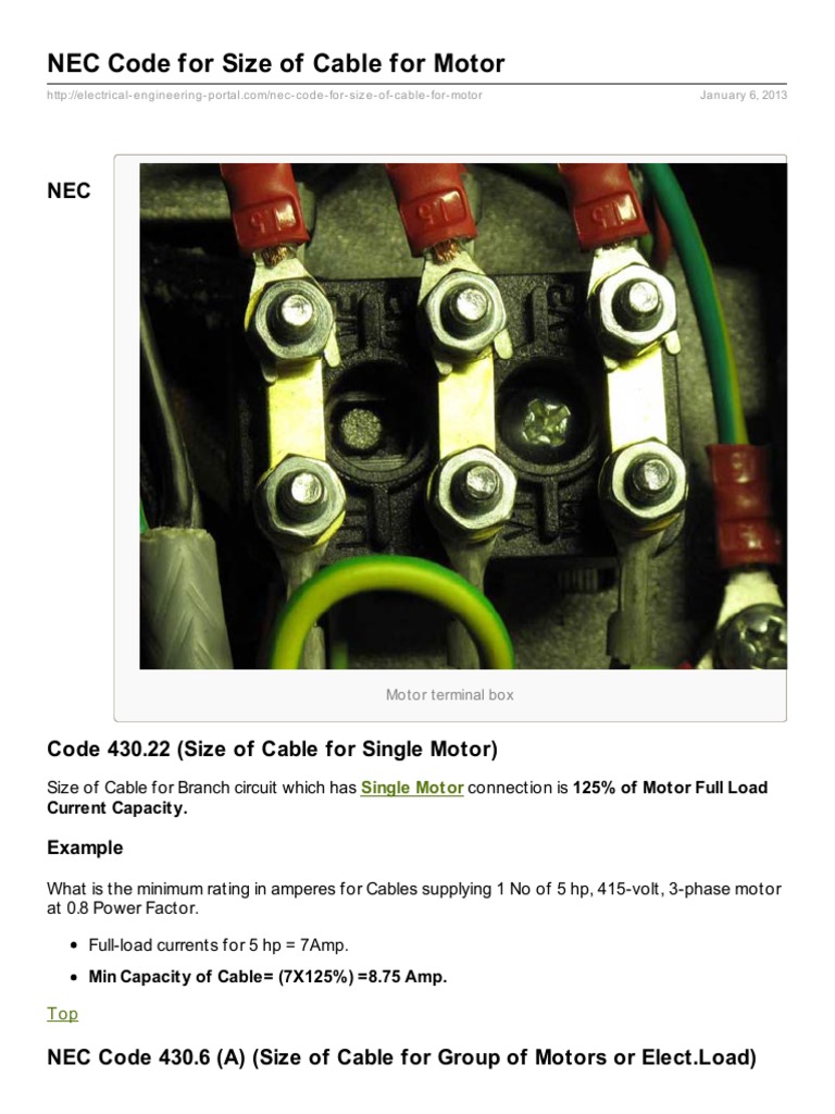 NEC Code For Size of Cable For Motor | PDF | Electricity | Electrical ...