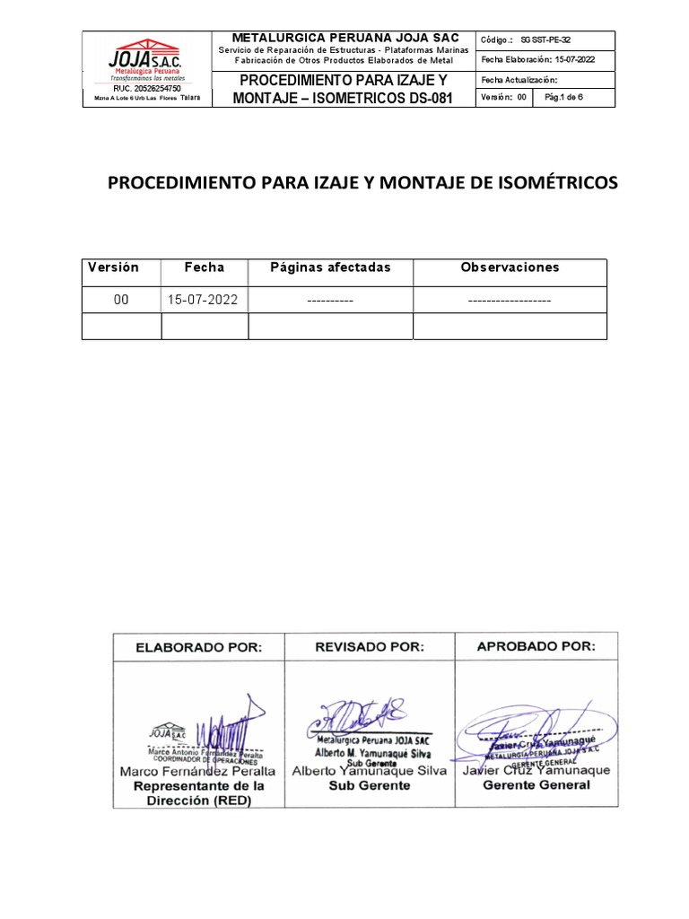 Procedimiento Izaje Isométricos DS-081 | PDF | Materiales