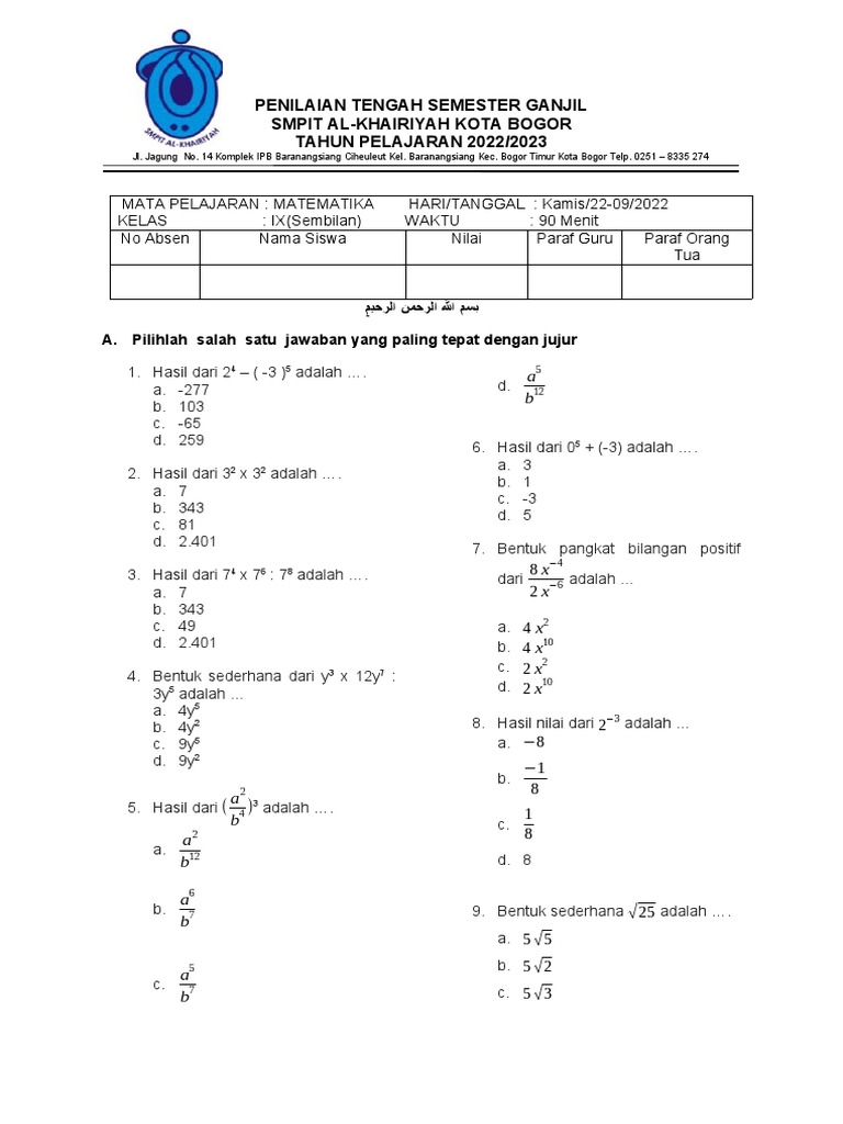 Soal Pts Ganjil Matematika 9 2022-2023 | PDF