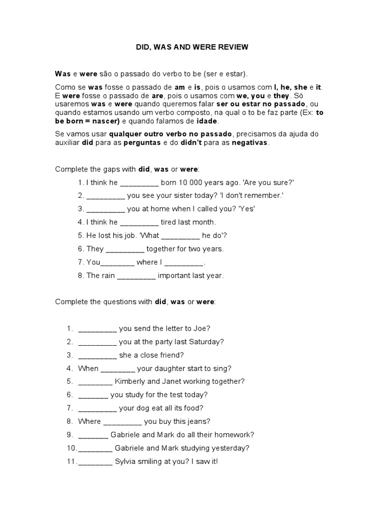 Did Was Were Exercises | PDF