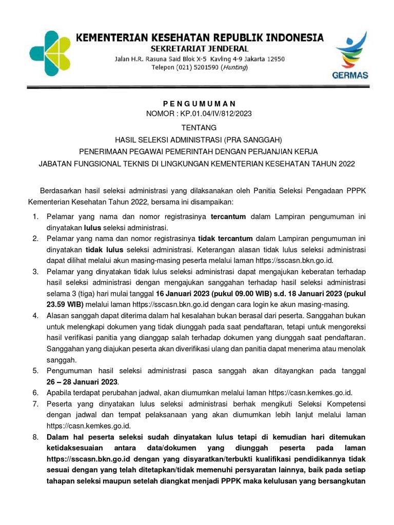 Pengumuman Hasil Seleksi Administrasi JF Teknis Pra Sanggah PPPK Tahun 2022 | PDF
