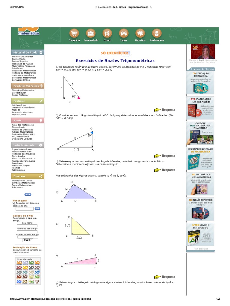 EXERCÍCIOS RAZÕES TRIGONOMÉTRICAS | PDF | Triângulo | Trigonometria EXERCÍCIOS RAZÕES TRIGONOMÉTRICAS | PDF | Triângulo | Trigonometria
