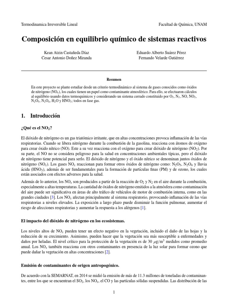 Análisis de NOx en Equilibrio Químico | PDF | Dioxido de nitrogeno ...