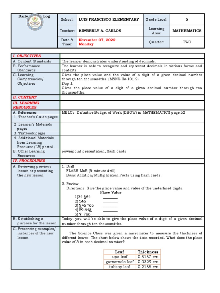 Math 5 Q2 D1 - Place Value of Decimals | PDF | Learning | Numbers