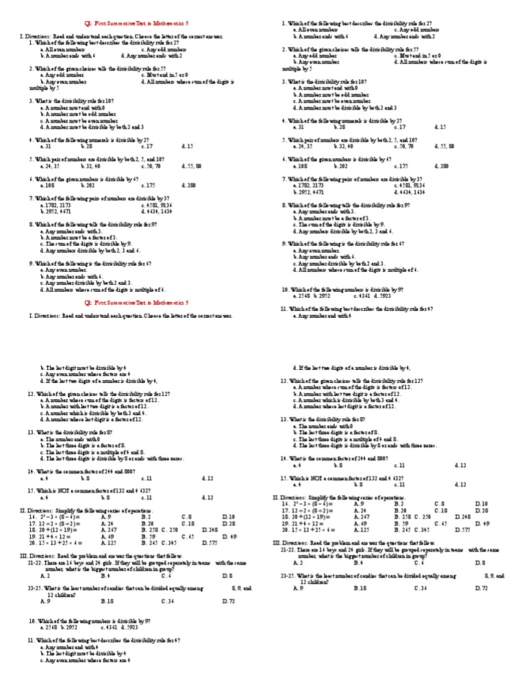 Q1 ST1 Math | Download Free PDF | Summation | Numbers