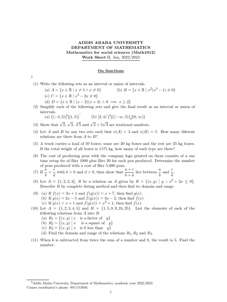 Math1012 Worhsheet II | PDF | Function (Mathematics) | Mathematical Relations