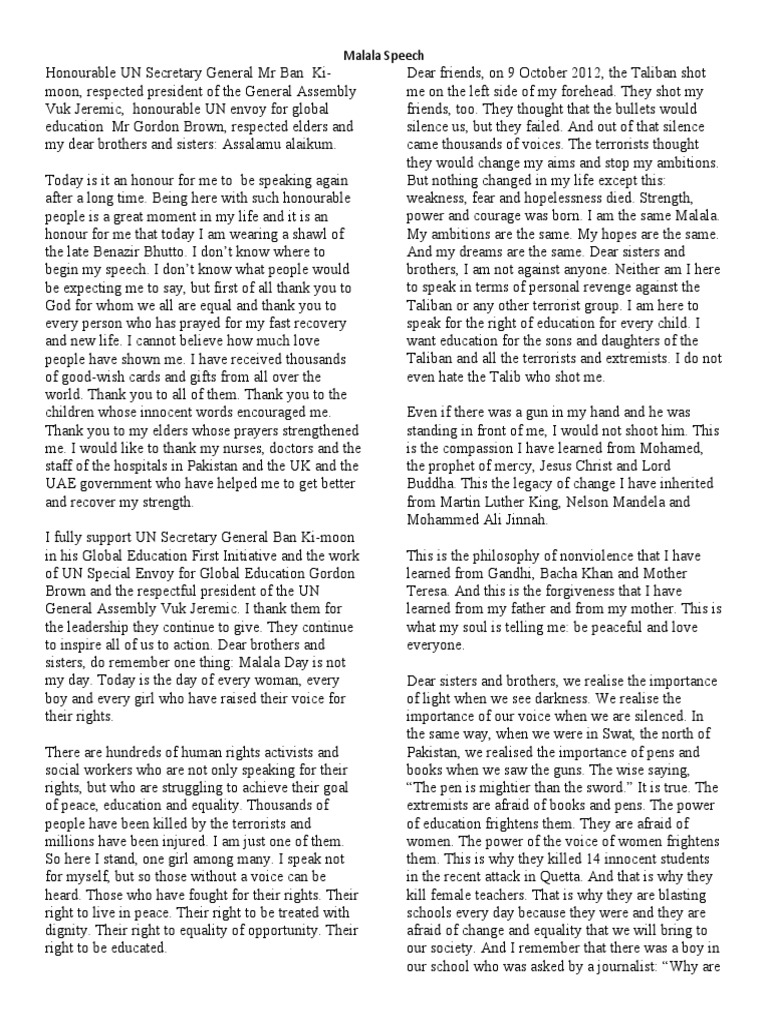 Malala Speech | PDF | Malala Yousafzai