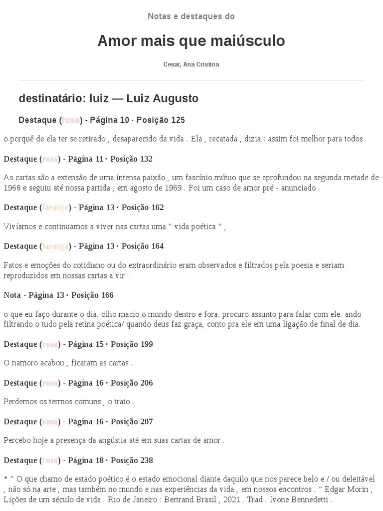 Amor Mais Que Maiúsculo. Ana Crisrina Cesar para Luiz PDF | PDF | Amor