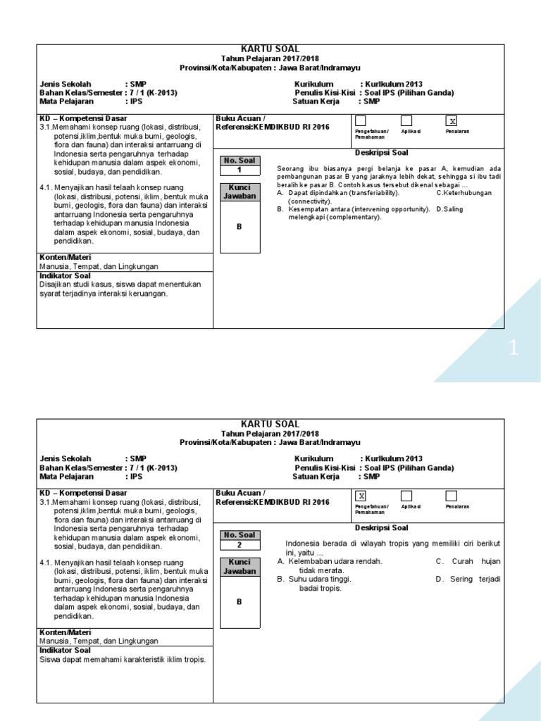 KARTU - SOAL - IPS - 7 - K13 Semser 1 | PDF