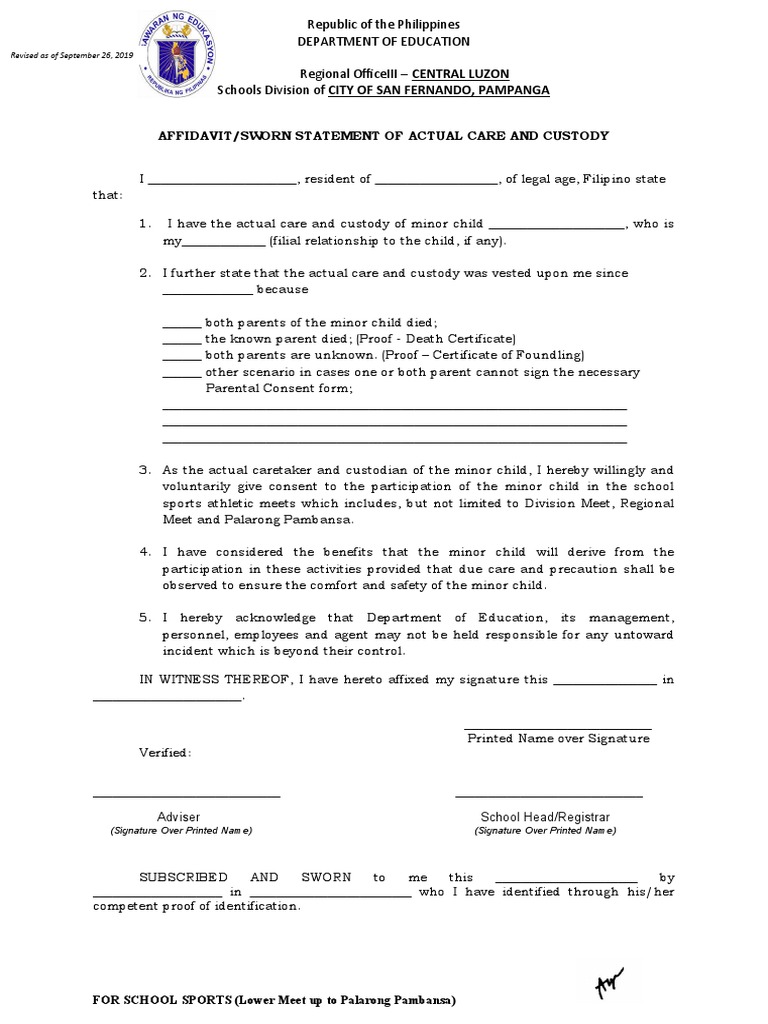 3.b. Sworn Statement of Actual Care and Custody Revised | PDF | Government | Justice