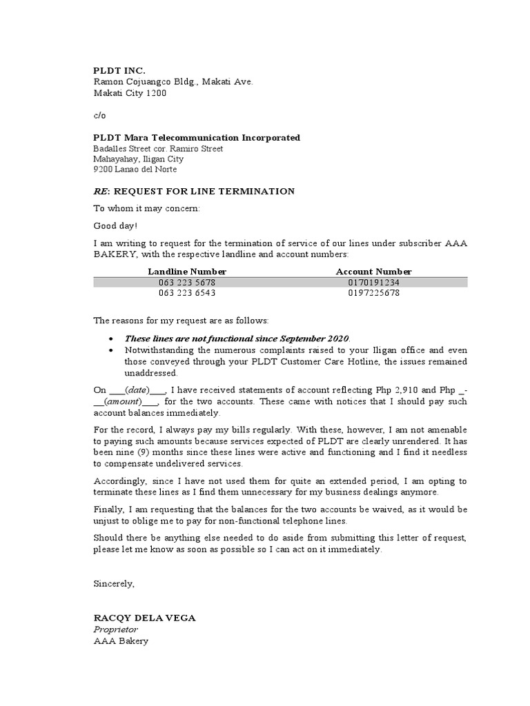 Sample Letter - Termination of Phone Service | PDF