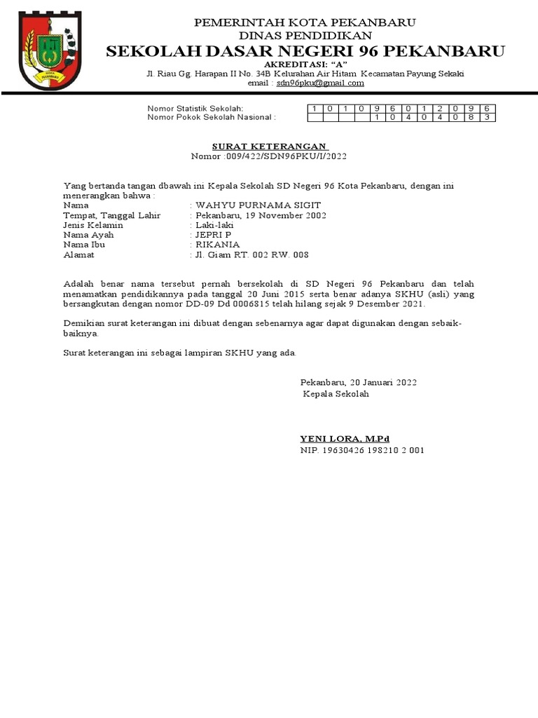 Surat Keterangan Kehilangan SKHU SD | PDF