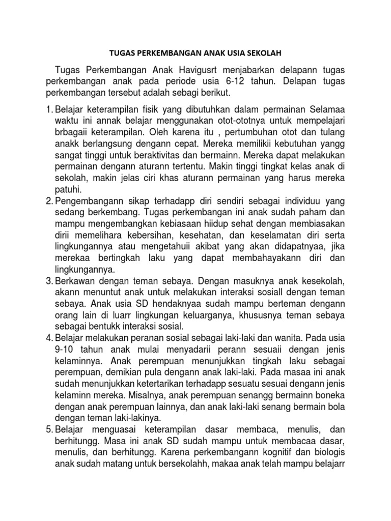 Tugas Perkembangan Anak Usia Sekolah | PDF