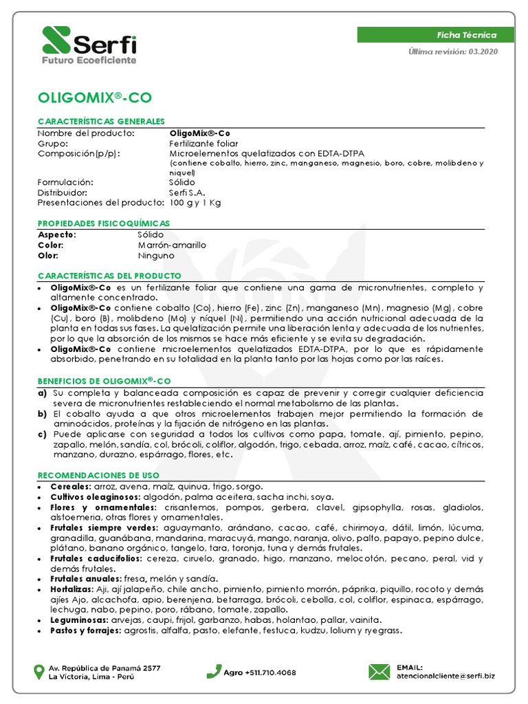 Ficha Técnica OLIGOMIX CO v03.2020 | PDF | Fertilizante | Molibdeno