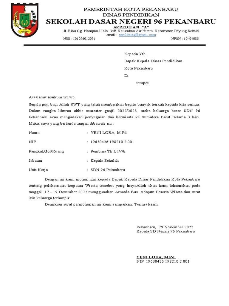 Surat Ijin Study Tour Rekreasi | PDF