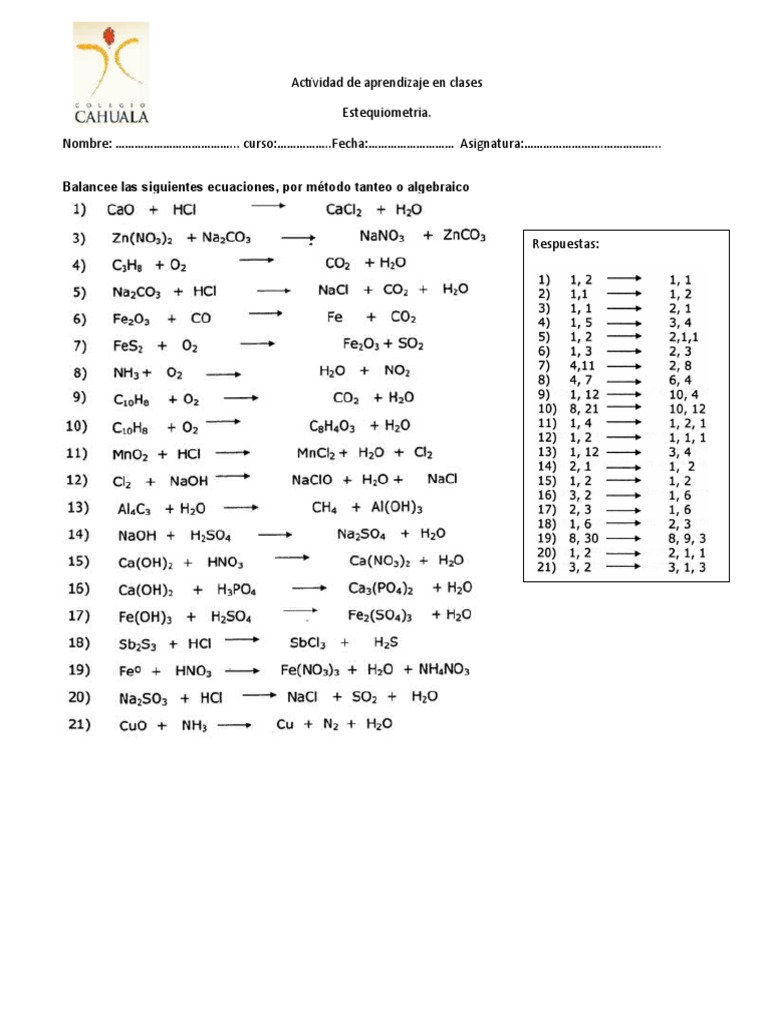Guia Estequiometria Calculos de Mol Balance de Ecuacion | PDF ...