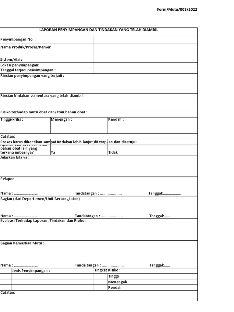 Form Laporan Penyimpangan Dan Tindakan Yang Telah Diambil | PDF ...