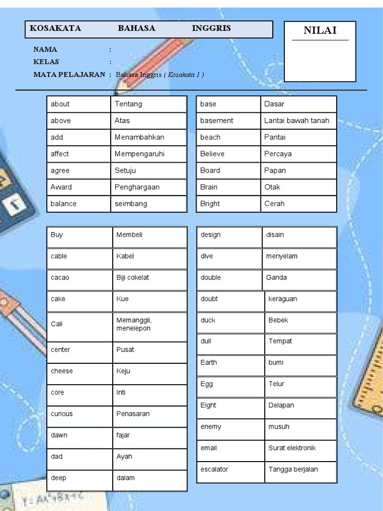 Kosakata 1 Kelas 4 Bahasa Inggris | PDF