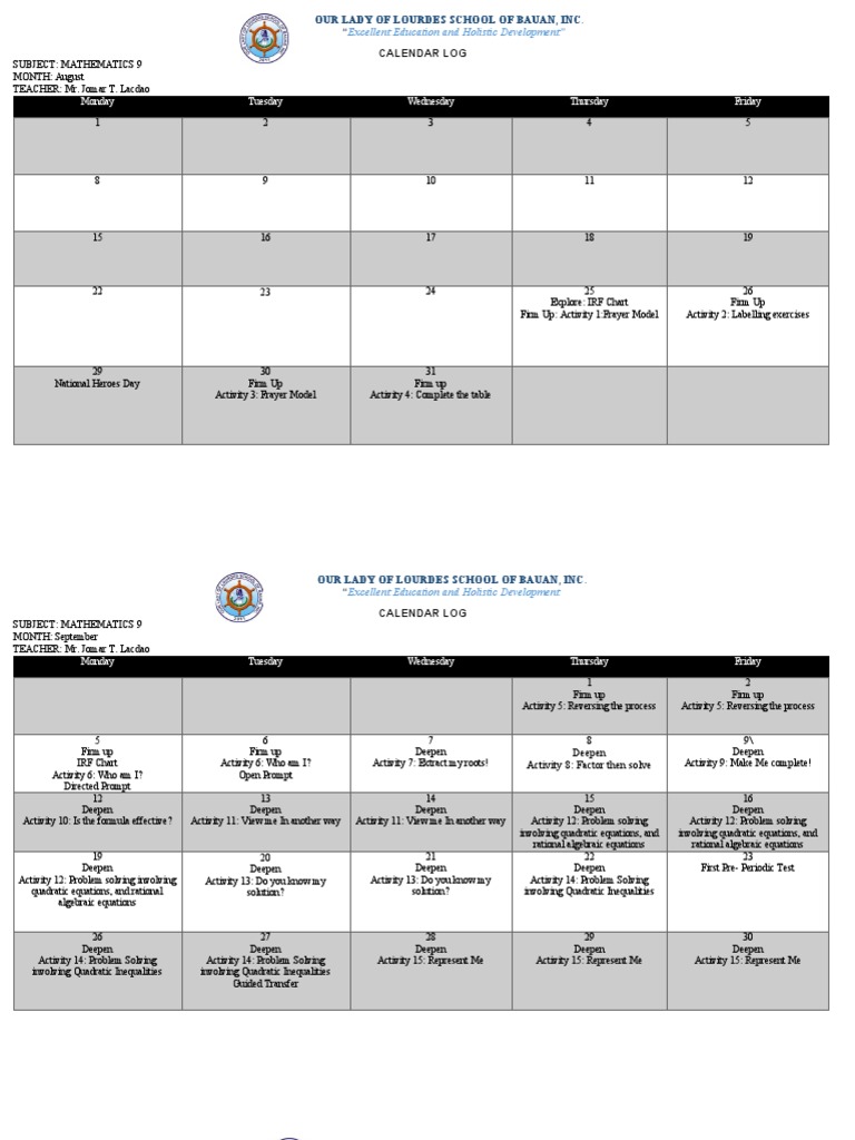 Calendar Log Q1 | PDF | Quadratic Equation | Equations