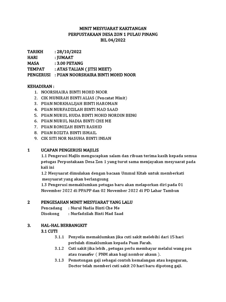 Minit Mesyuarat Kakitangan Bil 4 2022 | PDF