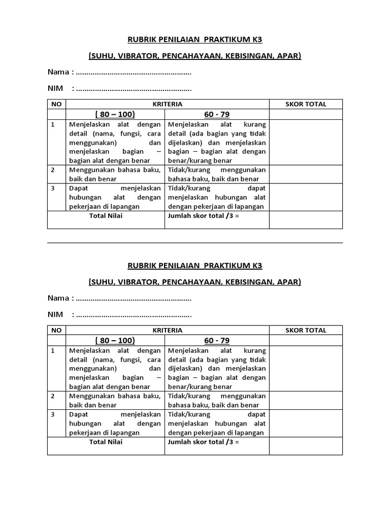 Rubrik Penilaian Praktek k3 | PDF Rubrik Penilaian Praktek k3 | PDF