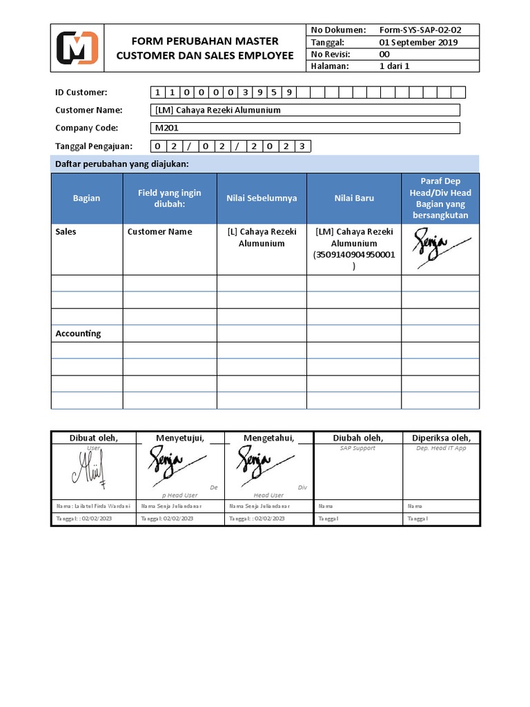 Form perubahan master customer dan sales employee | PDF