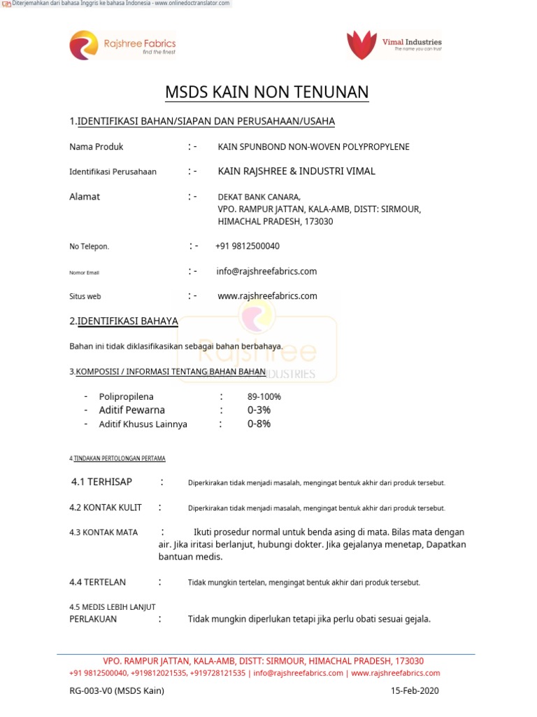 Contoh MSDS Non Woven - En.id | PDF