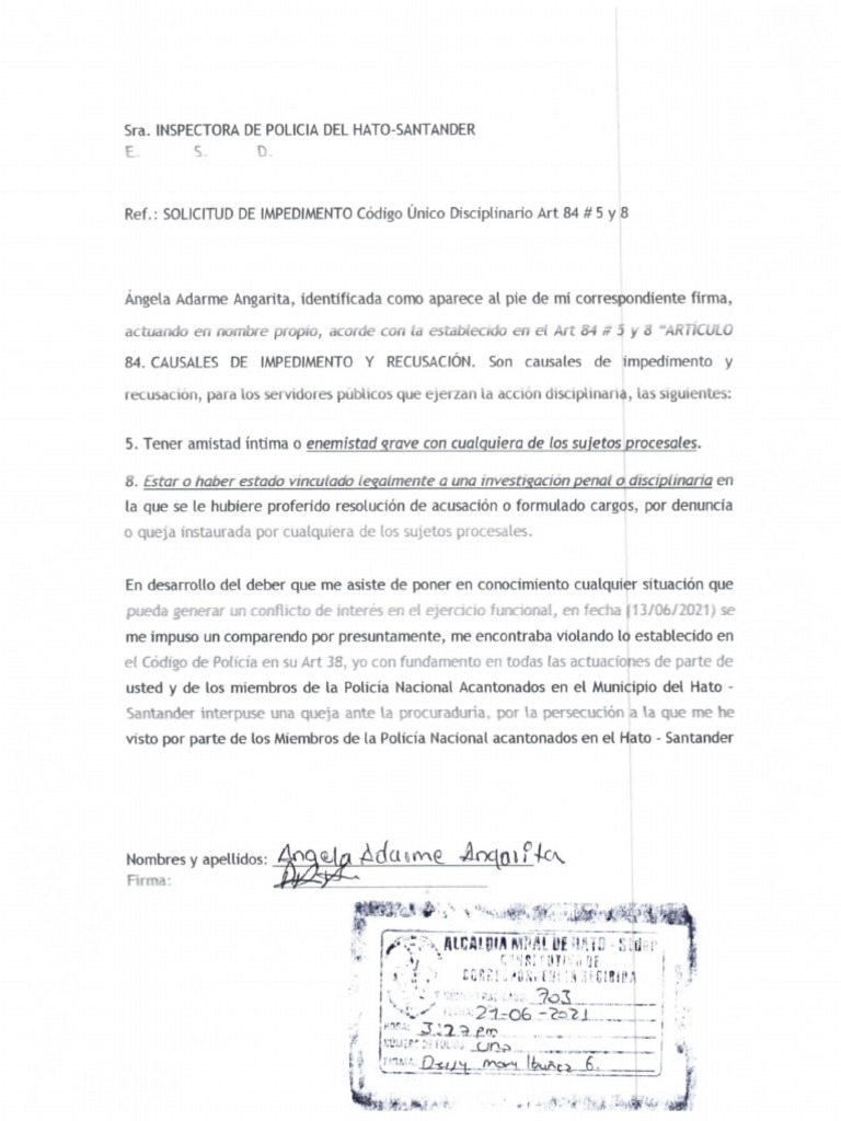 Solicitud de Impedimento Angela Adarme | PDF