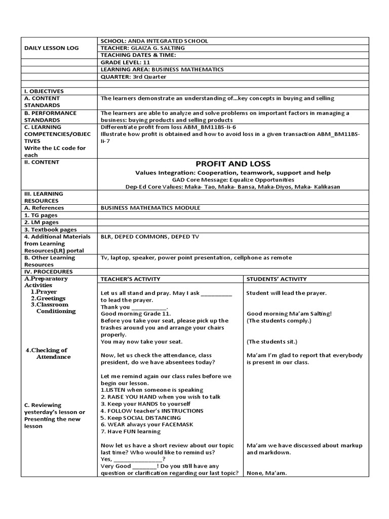 DLP in Business Math Demo 2020-2021 - 2nd | PDF | Profit (Economics ...