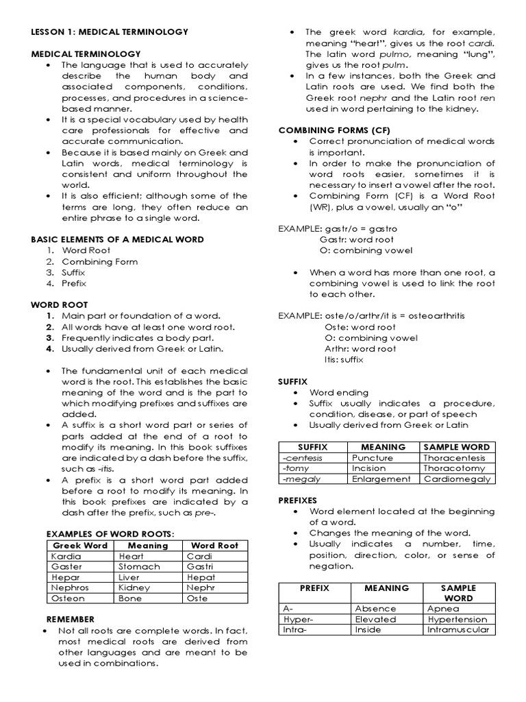 Lesson 1 - Medical Terminology | PDF | Word | Lexicology