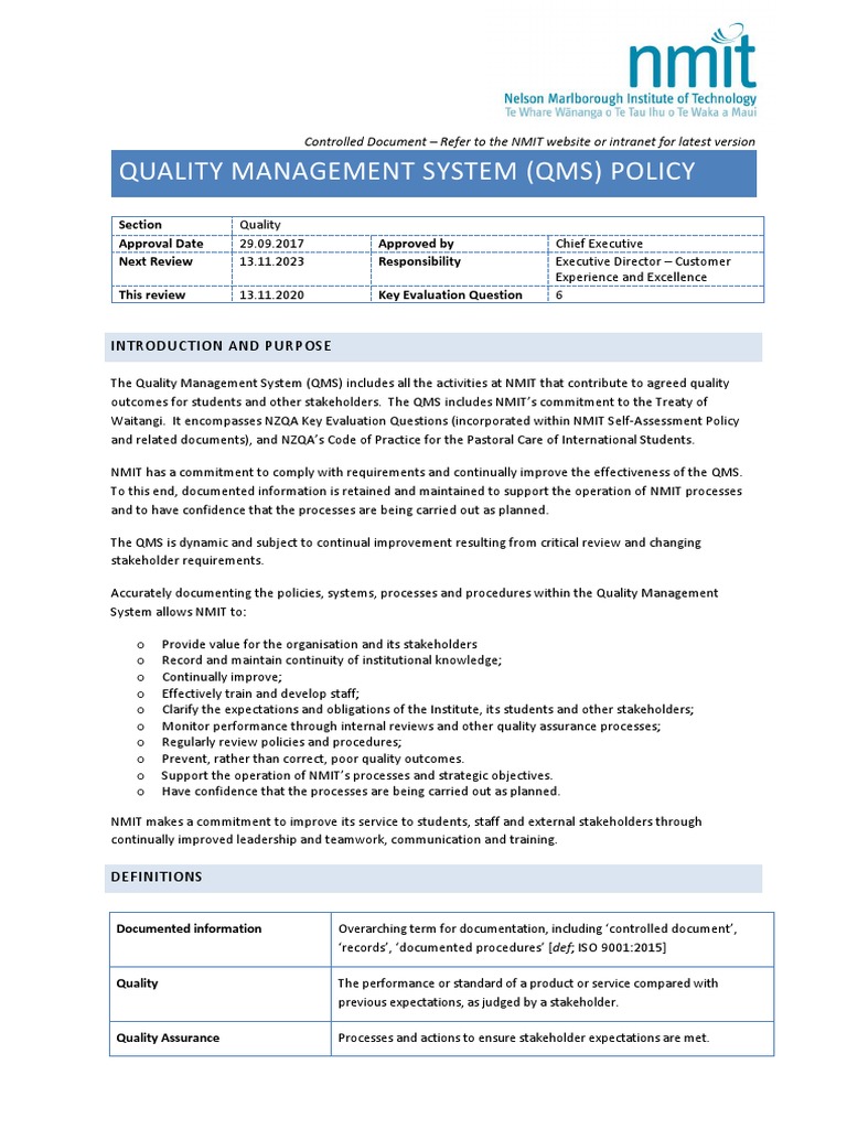 NMIT Quality Management System Policy | PDF | Quality Management System ...