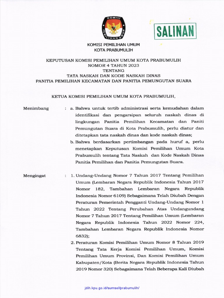 Salinan Keputusan Kpu Kota Prabumulih Nomor 4 Tahun 2023 Tentang Tata Naskah Dan Kode Dinas PPK ...