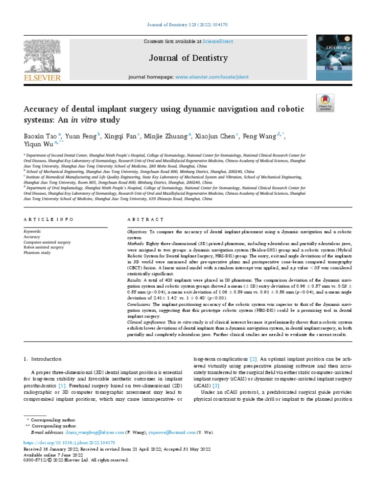 Accuracy of Dental Implant Surgery Using Dynamic Navigation and Robotic Systems - An in Vitro ...