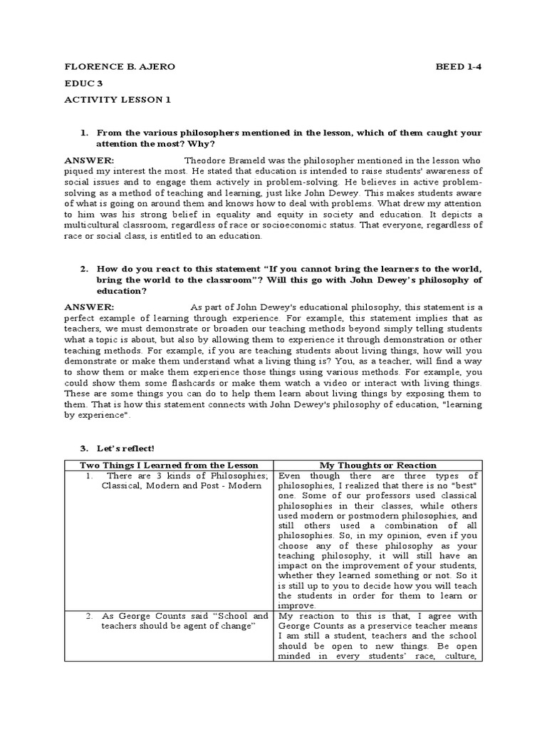 Educ 3 Activity 1 | PDF | Philosophy Of Education | Teachers