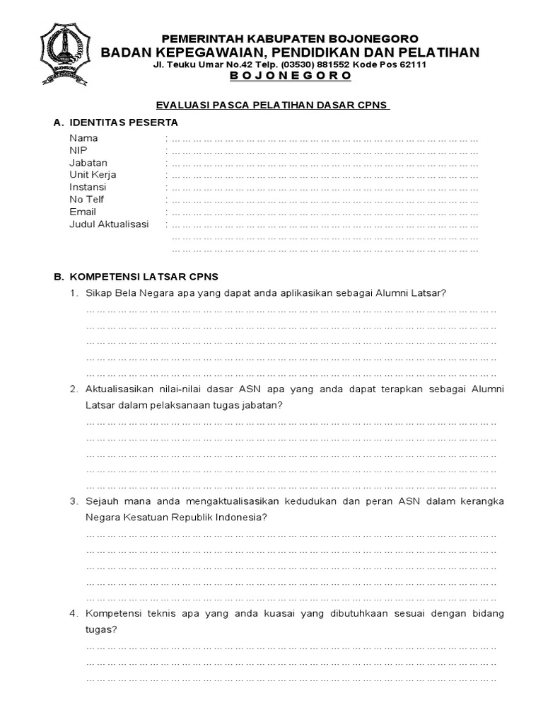Evaluasi Pasca Pelatihan Dasar CPNS | PDF Evaluasi Pasca Pelatihan Dasar CPNS | PDF