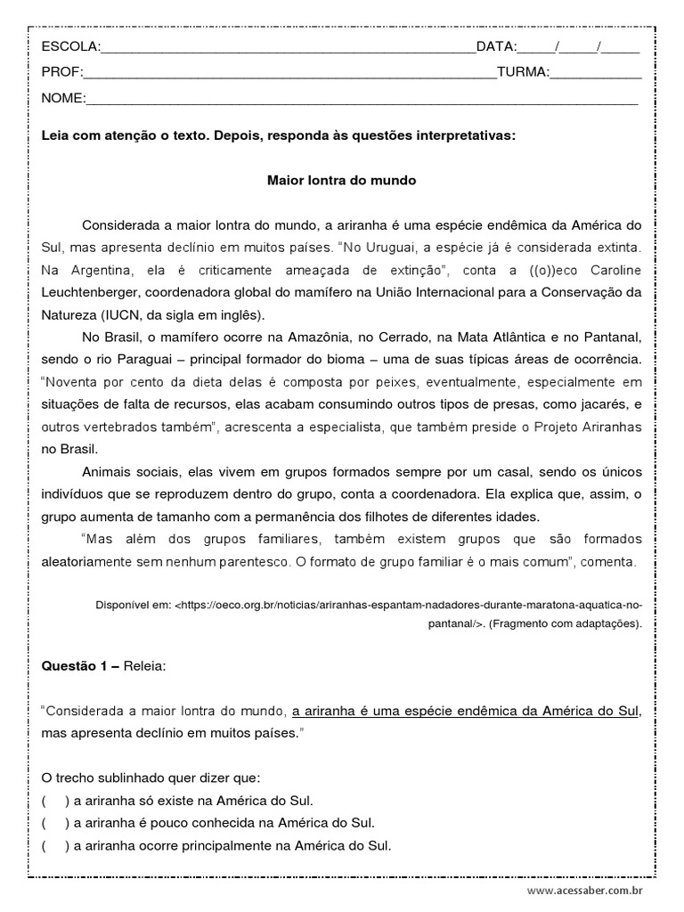 Interpretacao de Texto Maior Lontra Do Mundo 5o Ano PDF | PDF