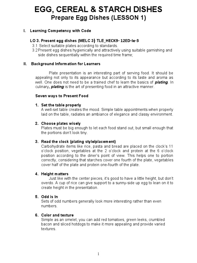 Prepare Egg Dishes (LESSON 1) :) HECK9-12ED-Ie-3 | PDF | Egg As Food ...