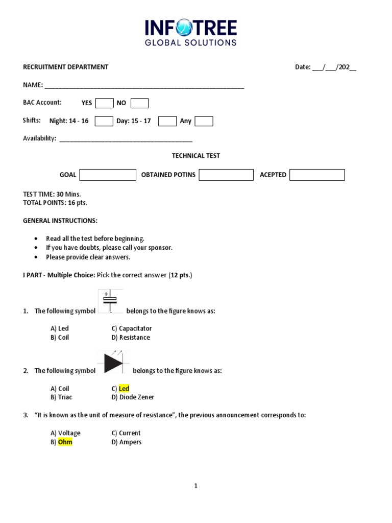 Technical Test for Electric Technicians | PDF | Capacitor | Electrical ...