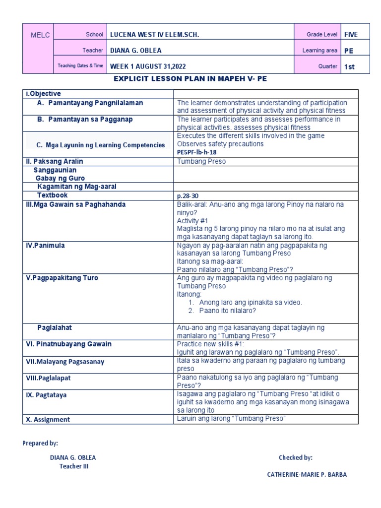 Lucena West Iv Elem - Sch. Five Diana G. Oblea WEEK 1 AUGUST 31,2022 | PDF