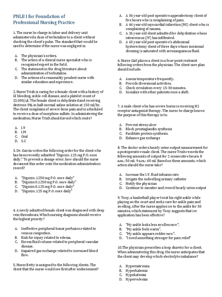 PNLE I For Foundation of Professional Nursing Practice | PDF | Edema ...
