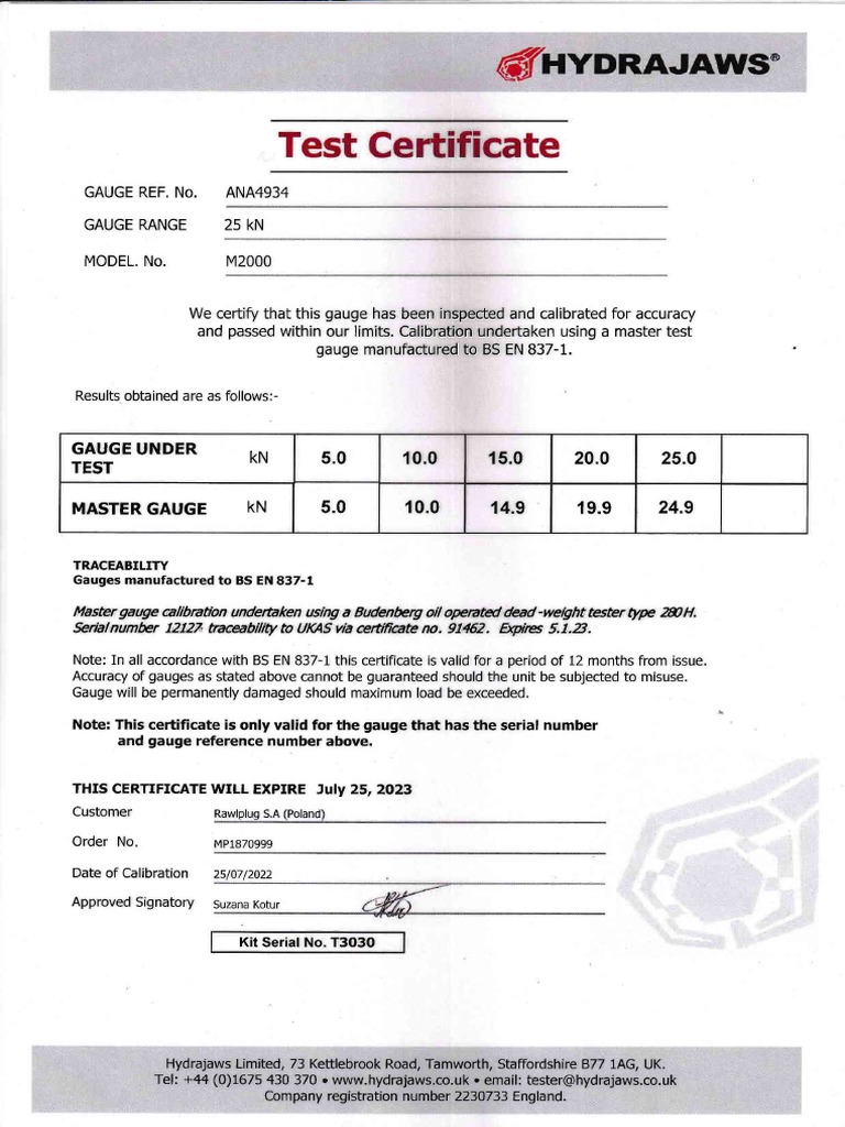 Certificate of Calibration (2050 Model) | PDF | Calibration | Accuracy ...