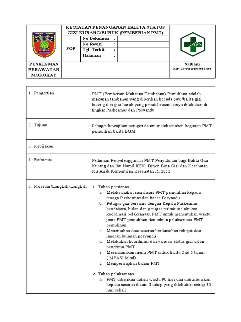 Sop Kegiatan Pemberian PMT Pada Balita Status Gizi Kurang | PDF Sop Kegiatan Pemberian PMT Pada Balita Status Gizi Kurang | PDF