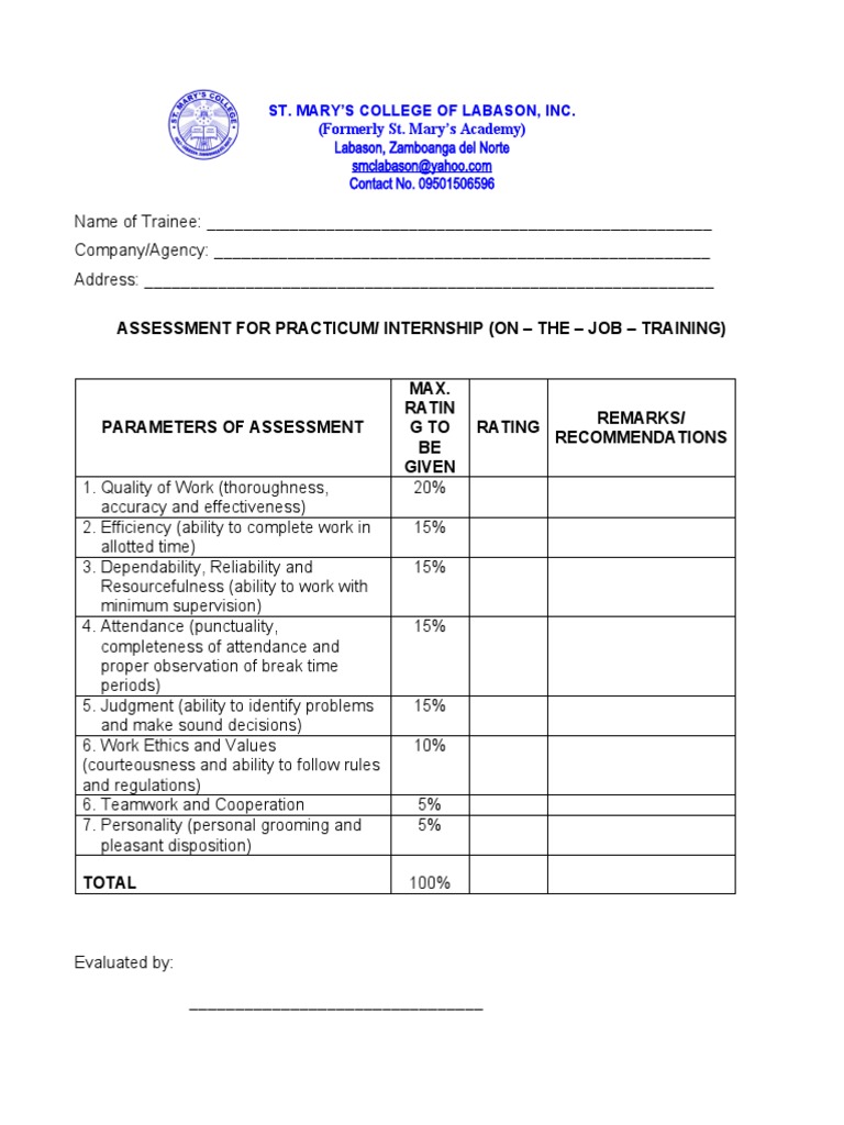 Internship Assessment Criteria Form | PDF
