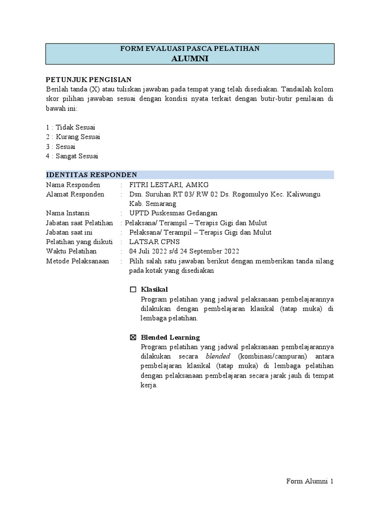 Form Alumni Evaluasi Pasca Pelatihan Dasar CPNS | PDF Form Alumni Evaluasi Pasca Pelatihan Dasar CPNS | PDF