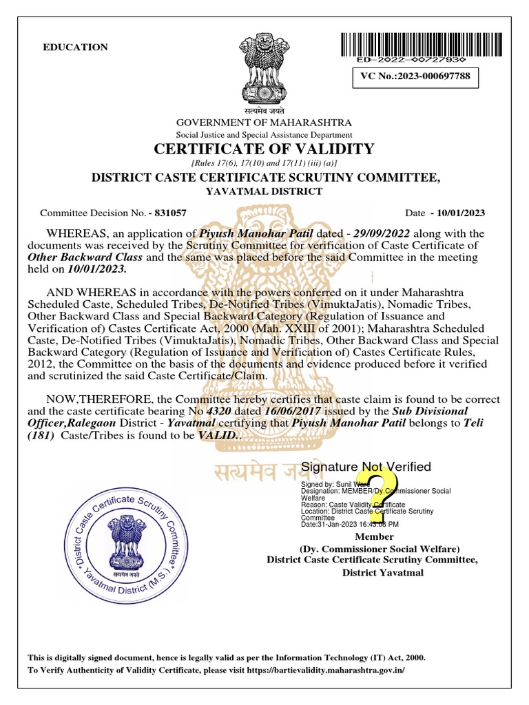 Verification of Caste Certificate and Declaration of Validity for ... Verification of Caste Certificate and Declaration of Validity for ...