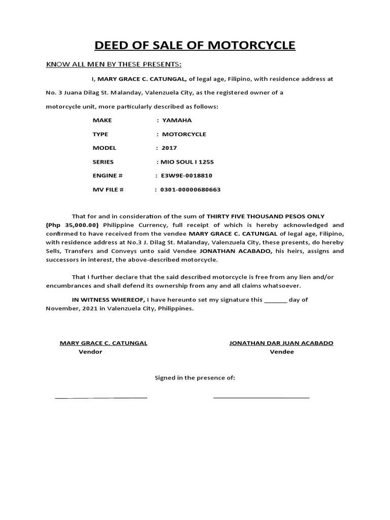 Motorcycle Deed of Sale Template | PDF