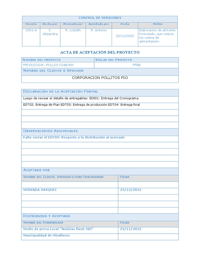 Acta de Aceptacion Del Proyecto | PDF