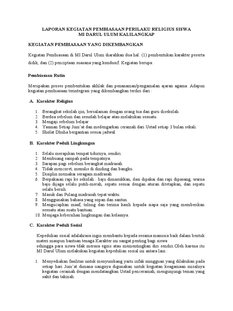 Laporan Kegiatan Pembiasaan Religius | PDF